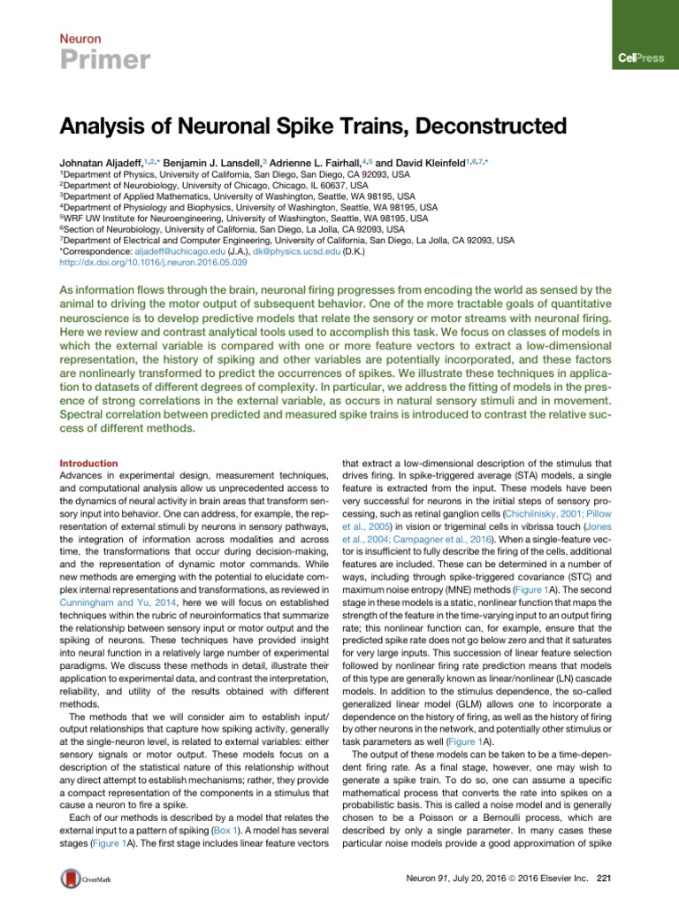 (2016) Analysis of Neuronal Spike Trains Deconstructed | PDF | Action Potential | Stimulus ...