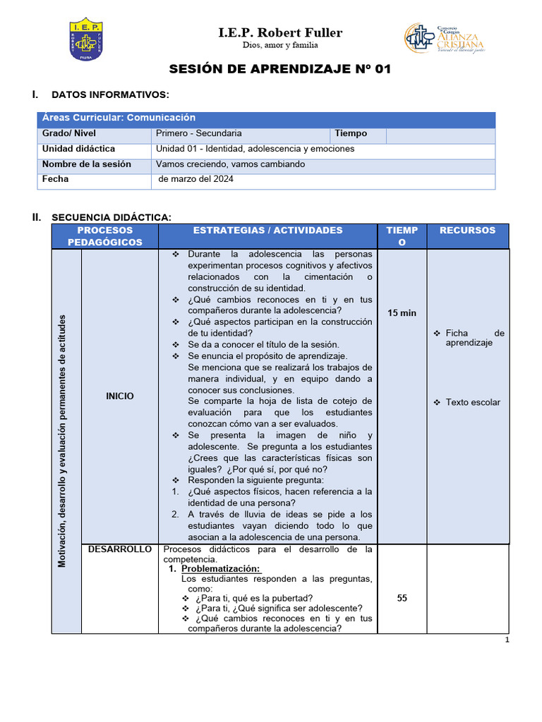 FORMATO SESIÓN DE APRENDIZAJE 2024 - 1ero de Sec | PDF | Aprendizaje | Evaluación
