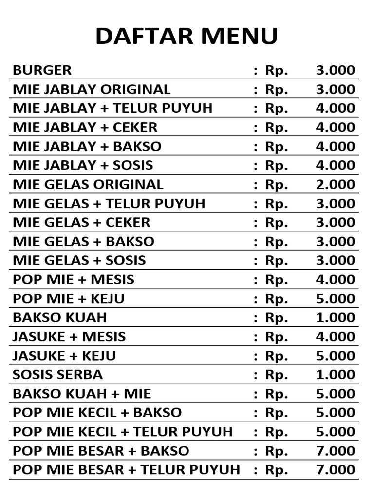 Daftar Menu Mie Jablay dan Harga | PDF