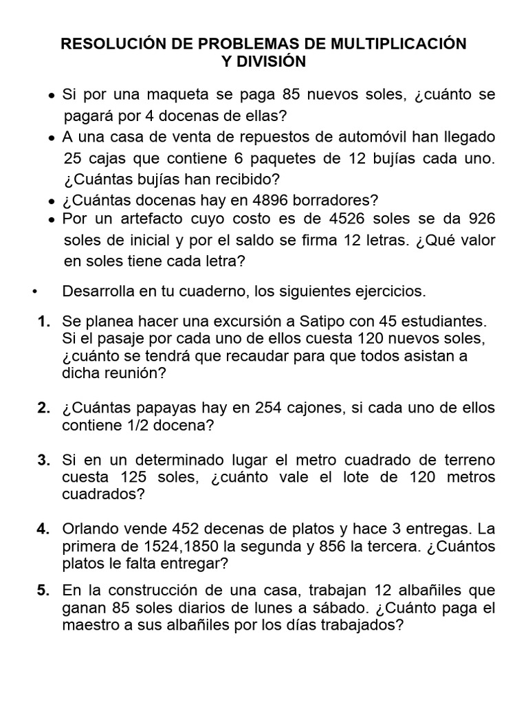 Problemas de Multiplicación y División para Resolver Quinto Grado de ...