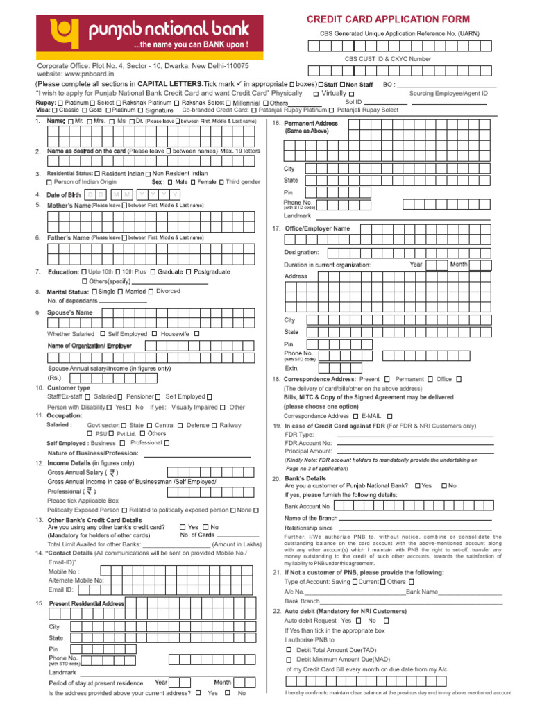 PNB Credit Card Application Form | PDF