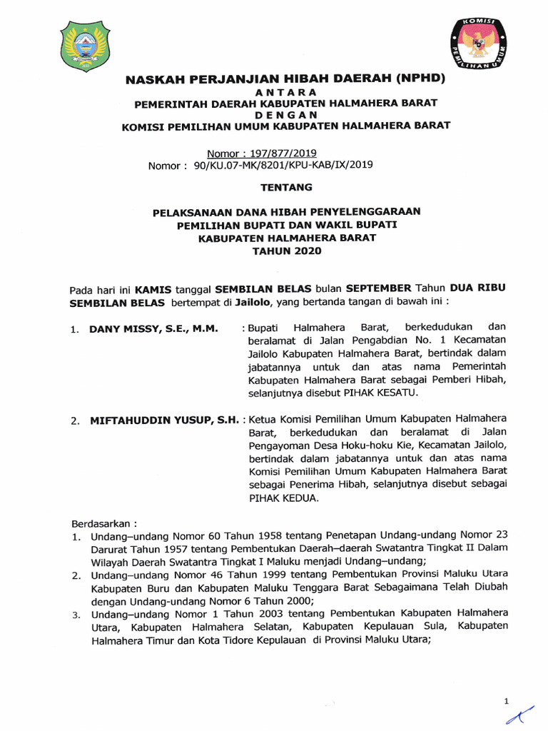 Naskah Perjanjian Hibah Daerah (NPHD) Antara Pemerintah Kabupaten Halmahera Barat Dengan Komisi ...