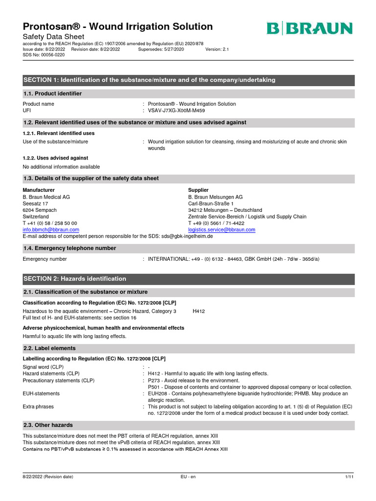 Prontosan Wound Irrigationsolution | PDF | Dangerous Goods | Toxicity