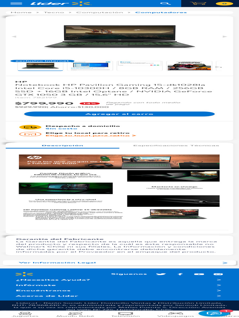 Notebook HP Pavilion Gaming 15-Dk1028la Intel Core I5-10300h 8GB RAM 256GB SSD + 16GB Intel ...