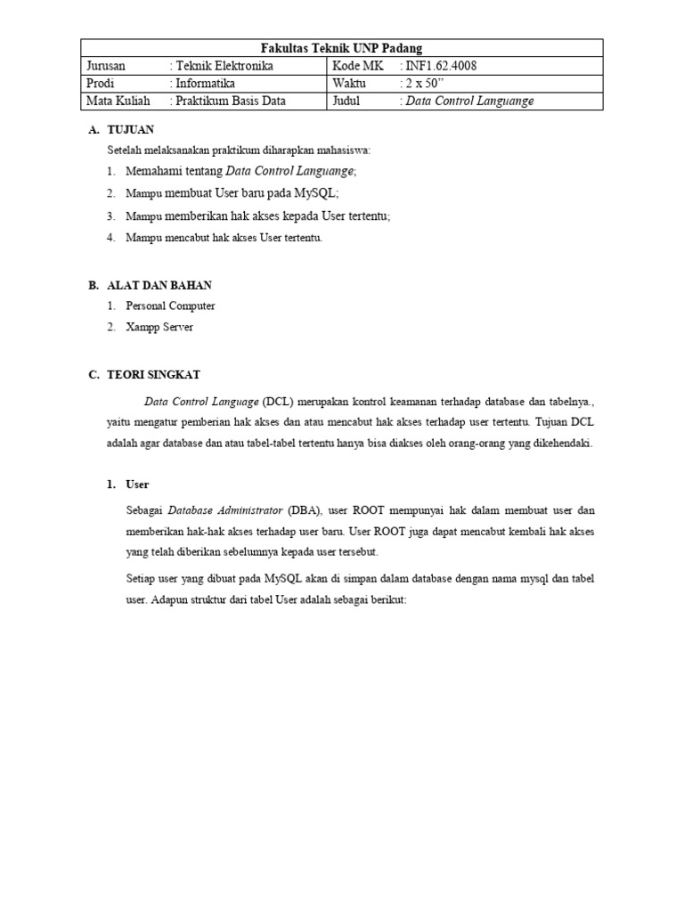 Jobsheet - MySQL DCL | PDF