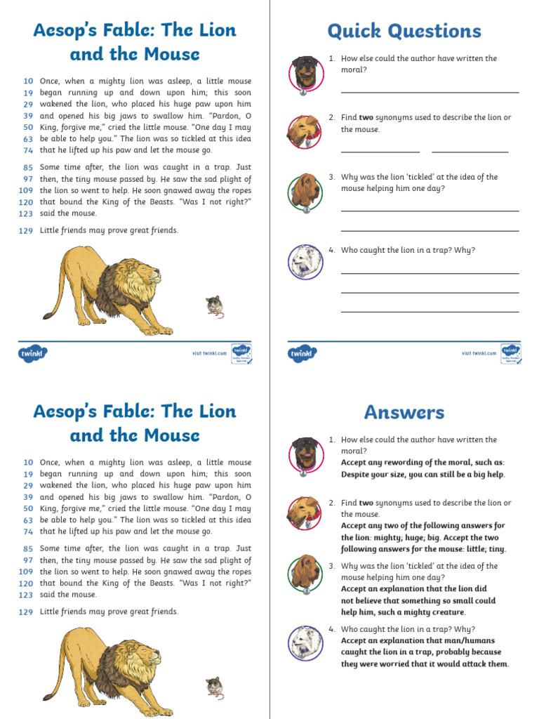 Aesop's Fable: The Lion and the Mouse | PDF | Aesop's Fables | Fable