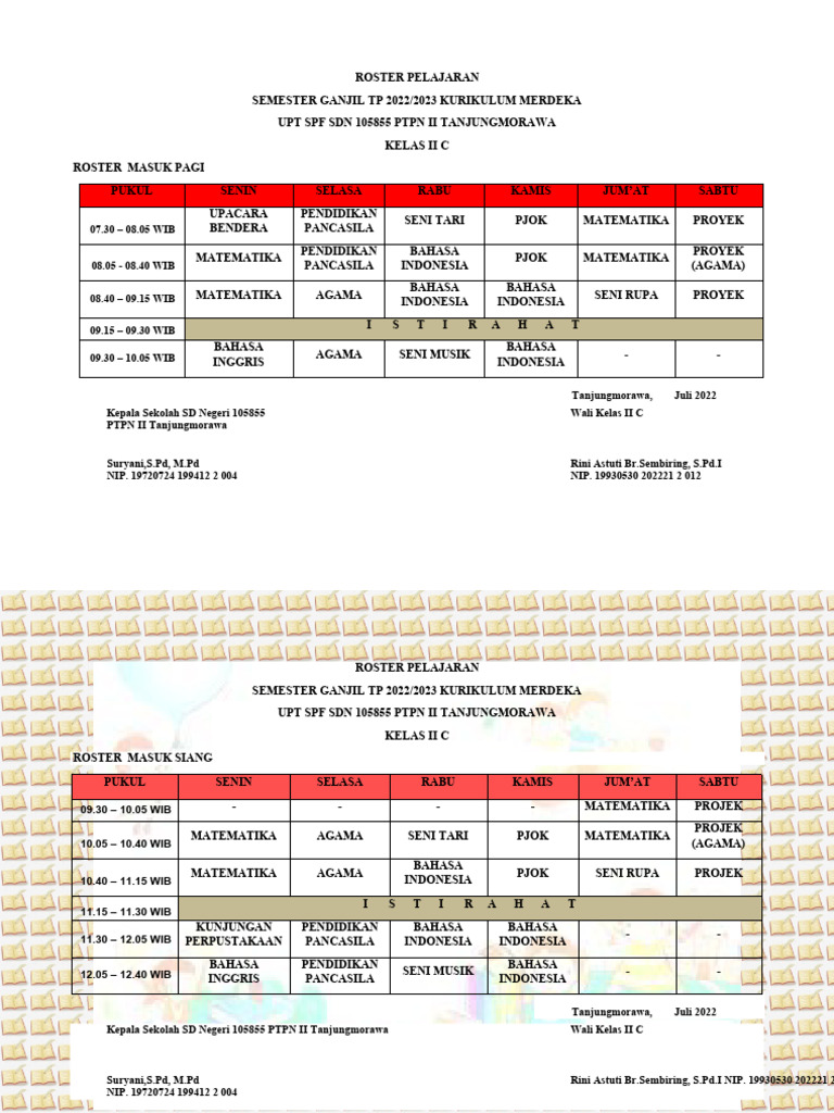 Roster Pelajaran Kelas 2C Pagi Dan Siang Terbaru | PDF
