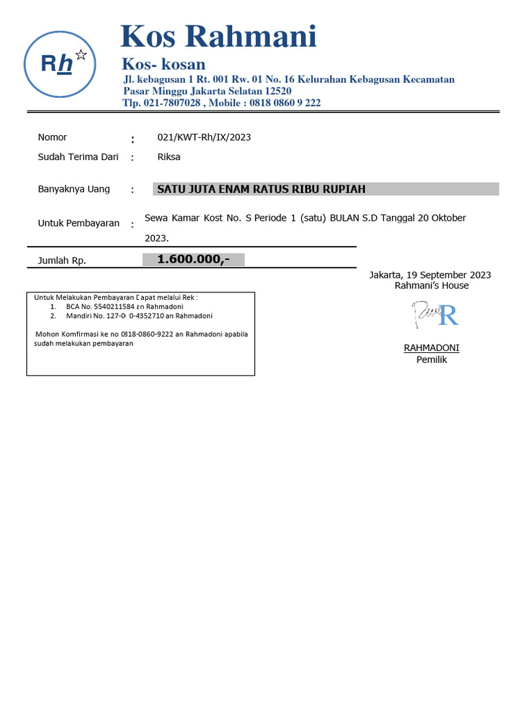 Kwitansi Pembayaran Kost | PDF