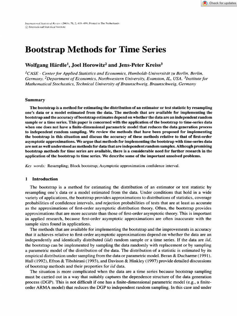 Int Statistical Rev - 2013 - H Rdle - Bootstrap Methods For Time Series | PDF | Bootstrapping ...
