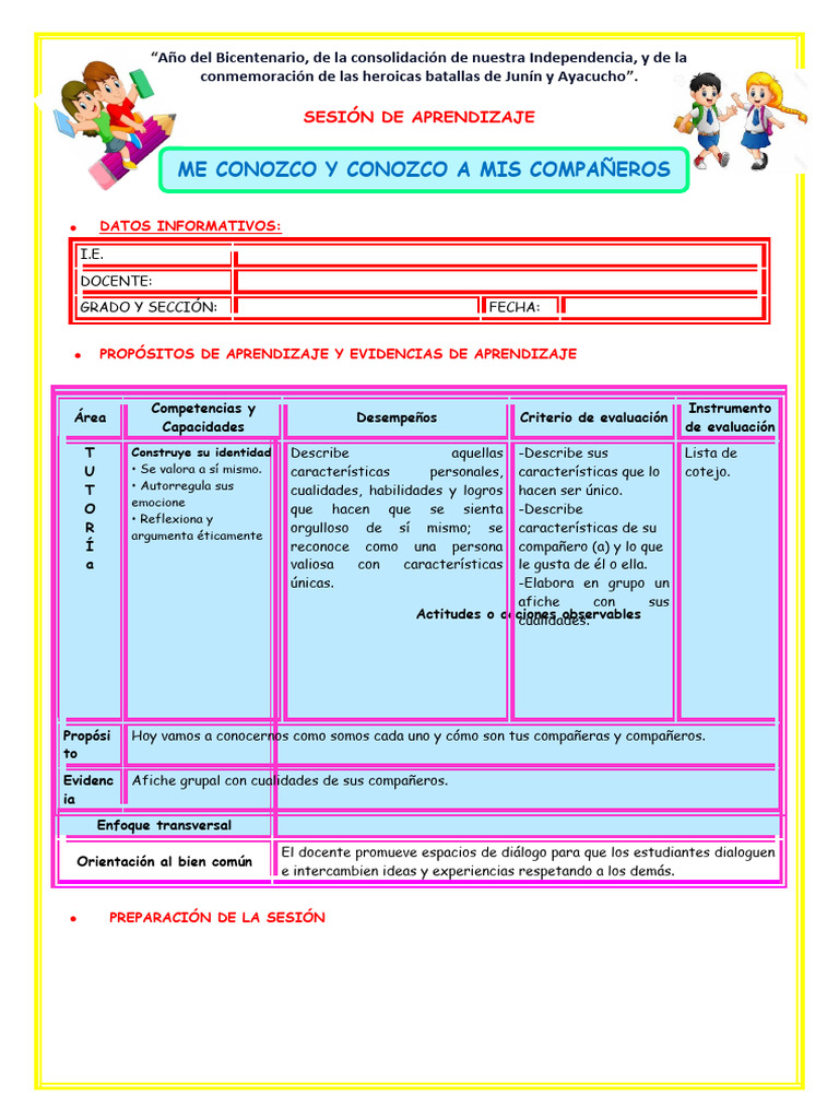 Sesion de Tutoria - Conozco A Mis Compañeros | PDF | Evaluación | Aprendizaje