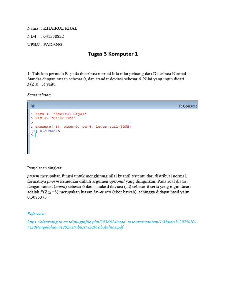 Tugas 3 Komputer Khairul Rijal 041558822 | PDF