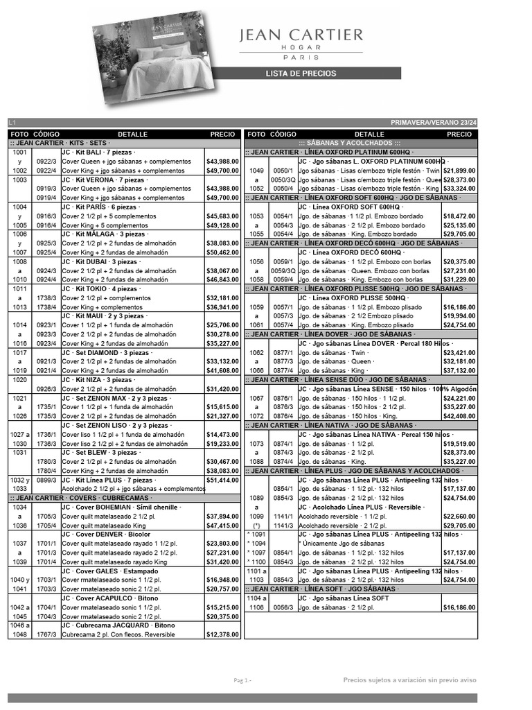 Lista Precios Jean Cartier | PDF | Textiles