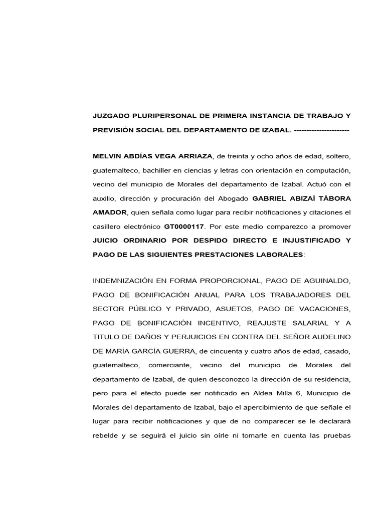 Demanda Ordinaria Laboral Reclamando Indemnización y Prestaciones ...