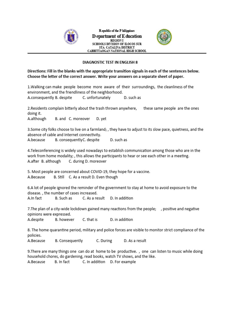 English 8 Diagnostic Test Guide | PDF | Stress (Linguistics) | Linguistics