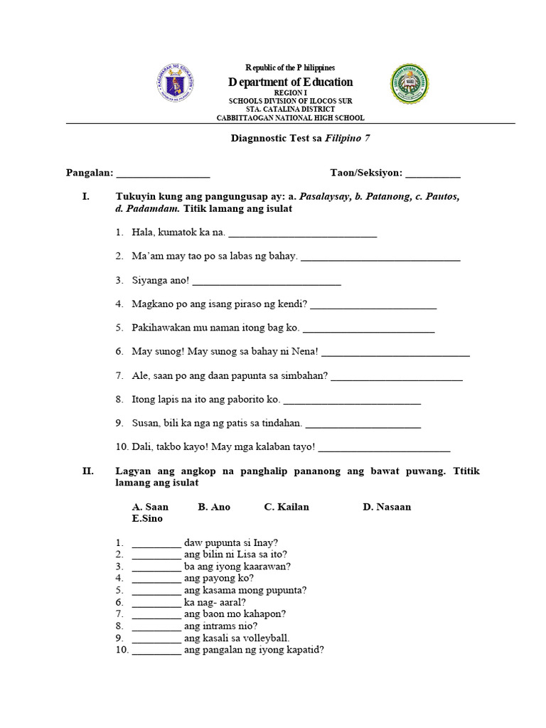 Diagnostic Test Sa Filipino | PDF