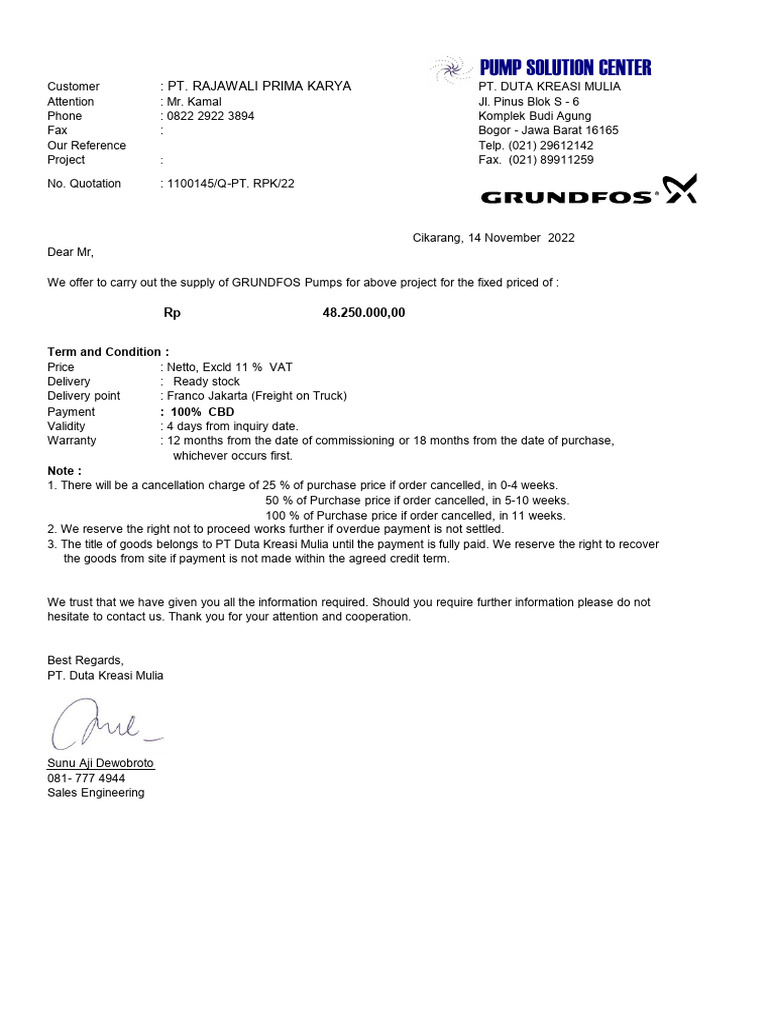 GRUNDFOS Pump Quotation for PT. RPK | PDF