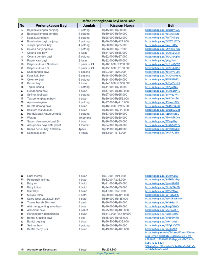 Checklist Perlengkapan Bayi Baru Lahir | PDF