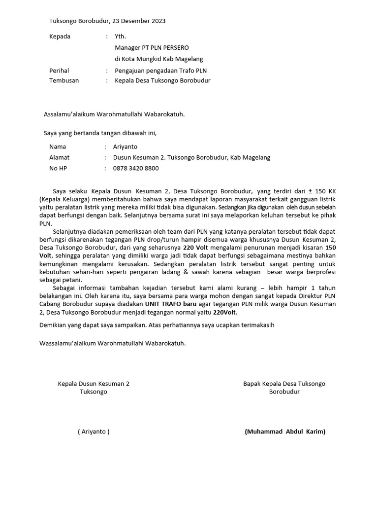 Pengajuan Trafo PLN | PDF