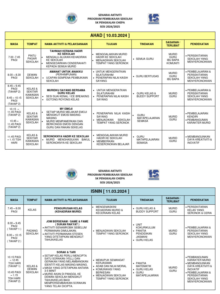 Jadual Aktiviti Pembukaan Sekolah Skpc 2024 Pdf