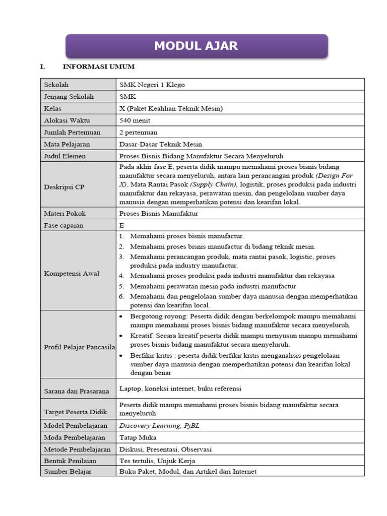 Modul Ajar Elemen 1 Mesin | PDF