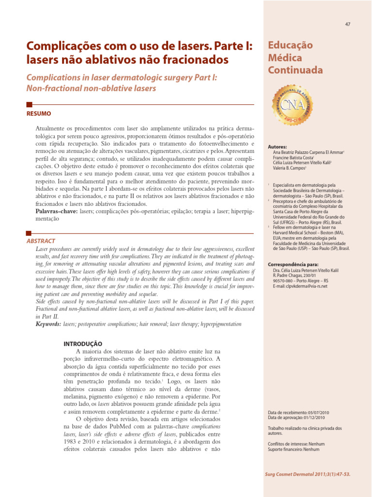 v3 Complicacoes Com o Uso de Lasers Parte I Lasers Nao Ablativos Nao Fracionados | PDF | Laser | Dor