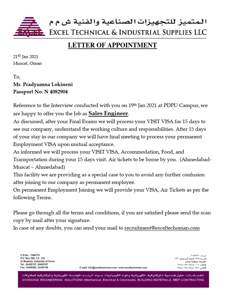 Sales Engineer Appointment Letter | PDF | Salary | Employment