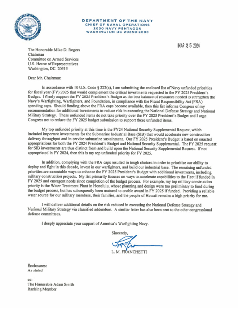 (U) Navy FY25 UPL - Unclassified Sections - CNO Signed - HASC | PDF ...