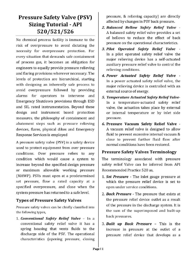 PDF Pressure Safety Valve PSV Sizing Tutorial Api 520 521 526 - Compress | PDF