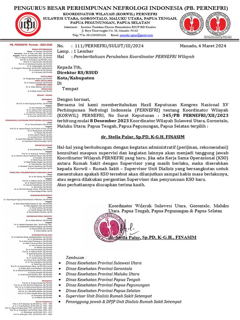 Surat Pemberitahuan Perubahan Korwil PERNEFRI 2024 | PDF