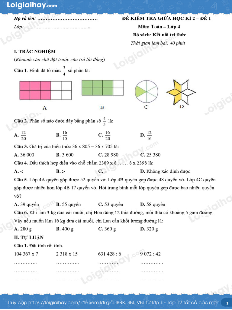 De Kiem Tra Giua Hoc Ki 2 Toan 4 Ket Noi Tri Thuc de So 1 1705741702 | PDF