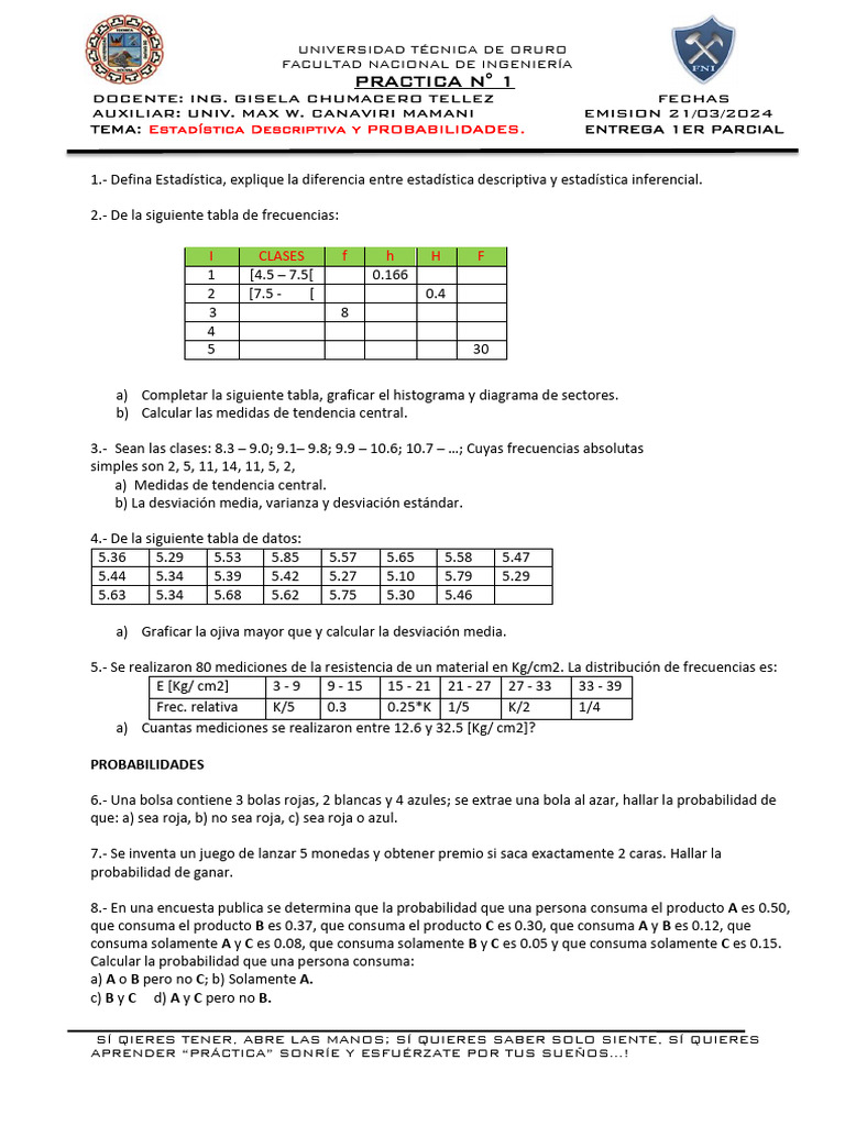 Practica 1 Semestre 1 2024 Mat 1135 I | PDF | Probabilidad | Estadísticas descriptivas