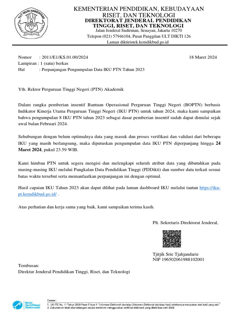 Surat Perpanjangan Pengumpulan Data IKU 2023 | PDF