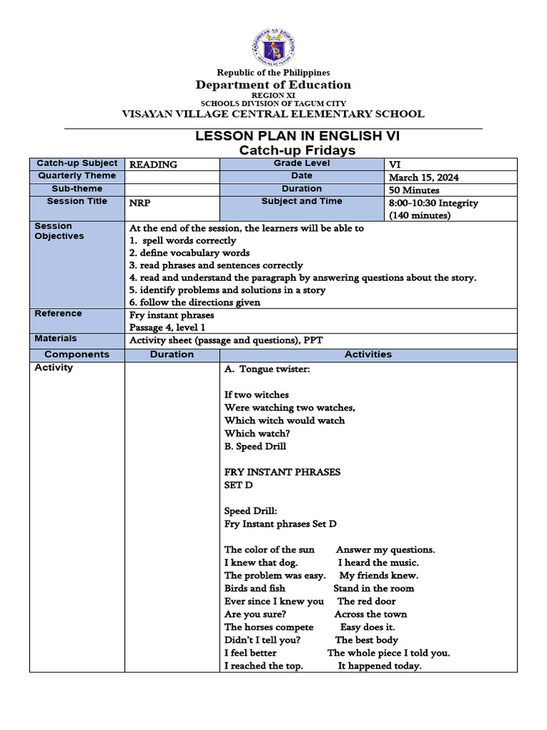 Catch Up Friday Lesson Plan | PDF | Mosquito