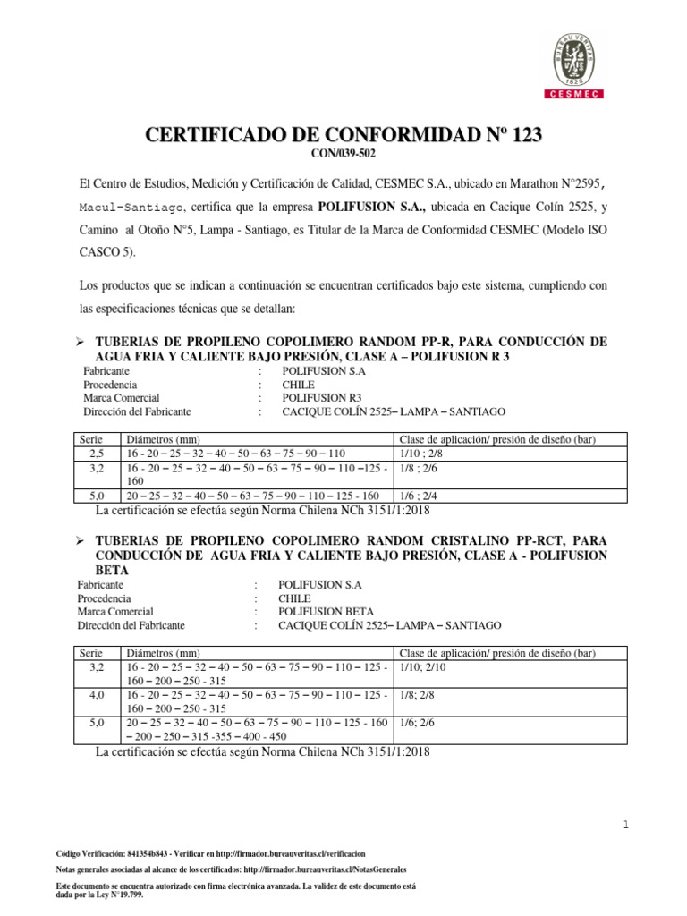 Certificado de Calidad PPR Polifusion | PDF | Tubería (transporte de fluidos) | Materiales de ...