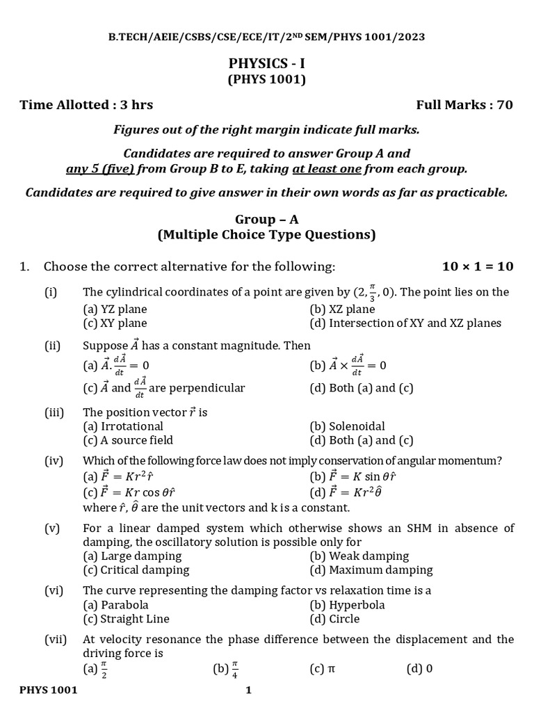 Physics I Exam Paper B.Tech 2nd Sem 2023 | PDF | Magnetic Field | Velocity