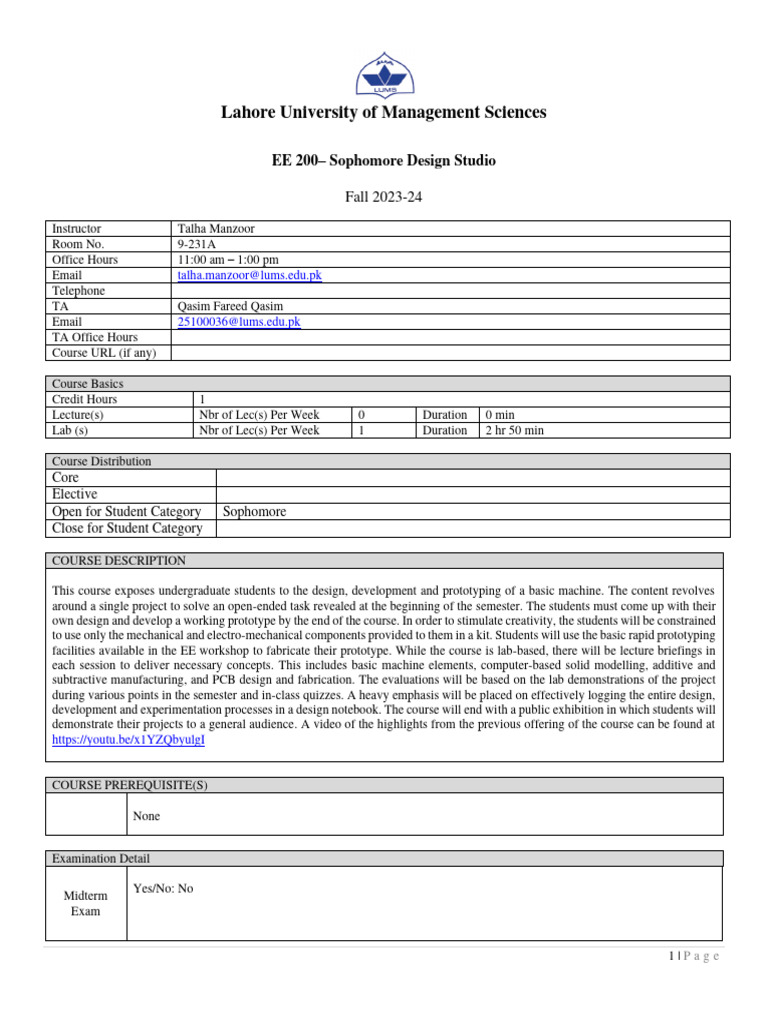 EE200 - Sophomore Design Studio | PDF | Prototype | Machines