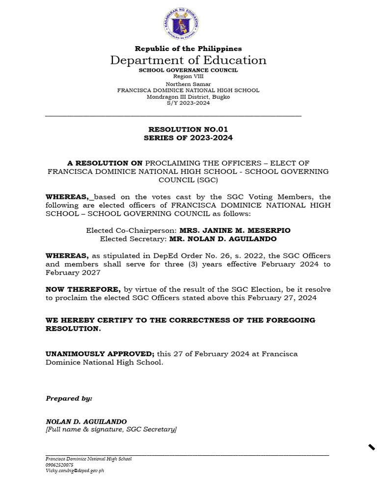 SGC RESOLUTION No.1 | PDF