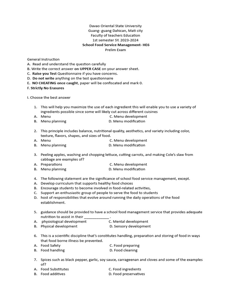 Schoo Food Service Management/Prelim | PDF
