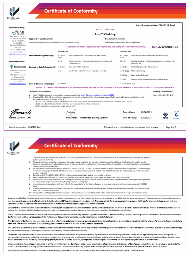 CM40222-I02-R01 Axon Cladding | PDF | Certification | Building Engineering