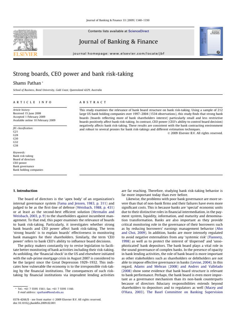 Strong Boards, CEO Power and Bank Risk-Taking | PDF | Banks | Risk