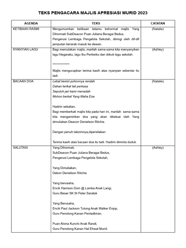 Teks Pengacara Majlis Apresiasi Murid 2023 | PDF
