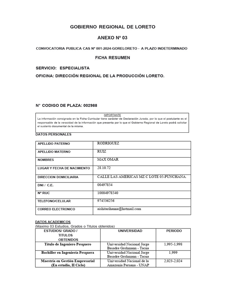 Convocatoria CAS 2024: Especialista en Producción Loreto | PDF ...
