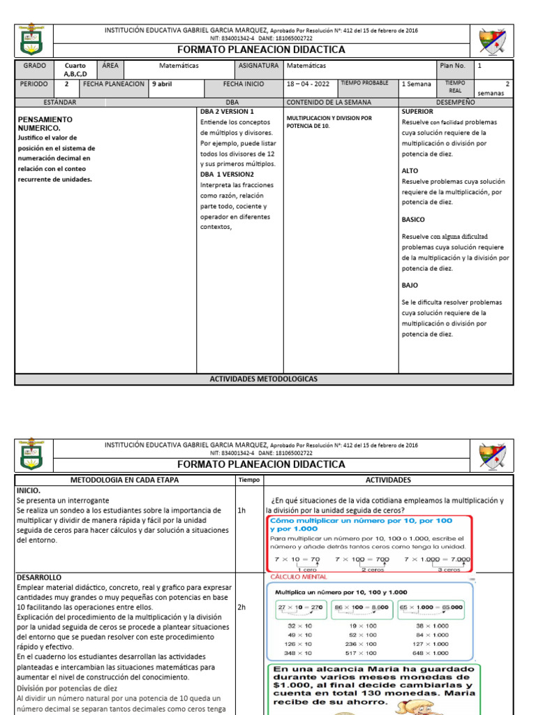 Ejemplo Plan de Clase 2024 | Descargar gratis PDF | Exponenciación | Multiplicación