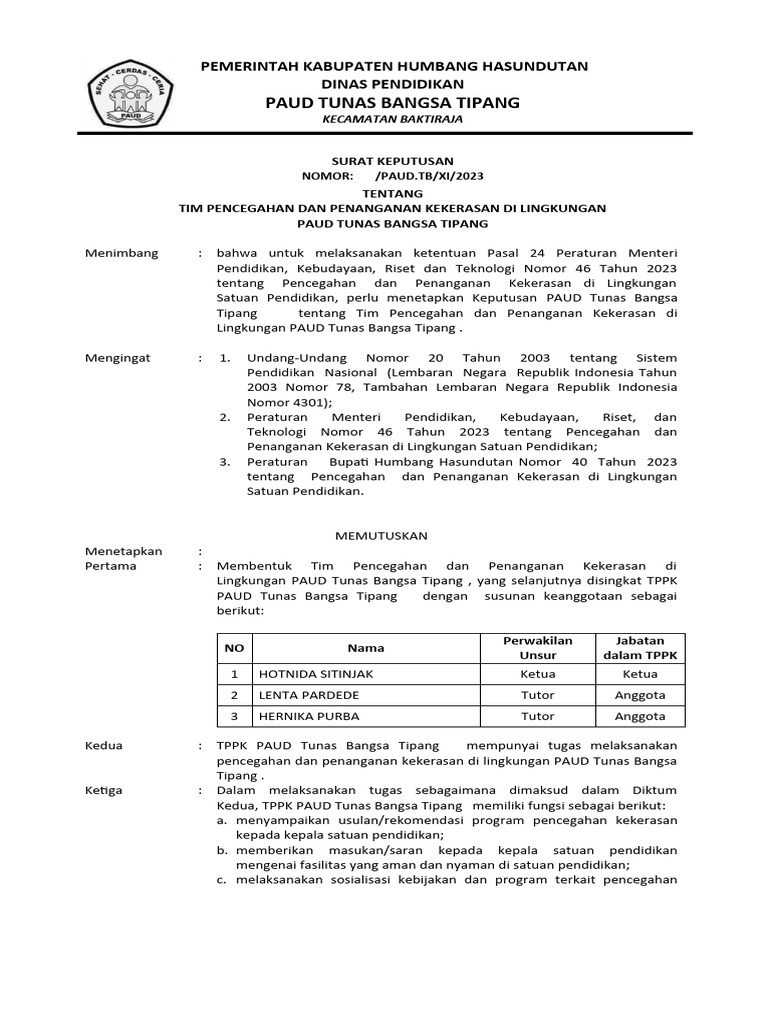 SK Kepala Satuan Pendidikan Pembentukan TPPK SD 173357 TIPANG | PDF