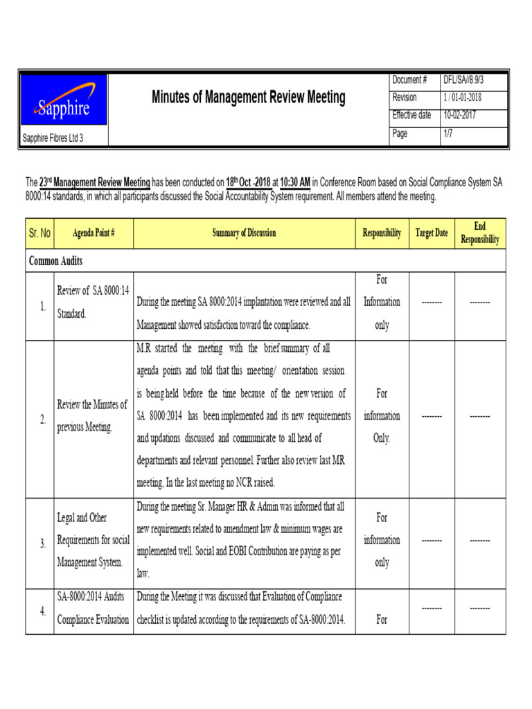 MRM Minutes - Sapphire | PDF | Labour Law | Working Time