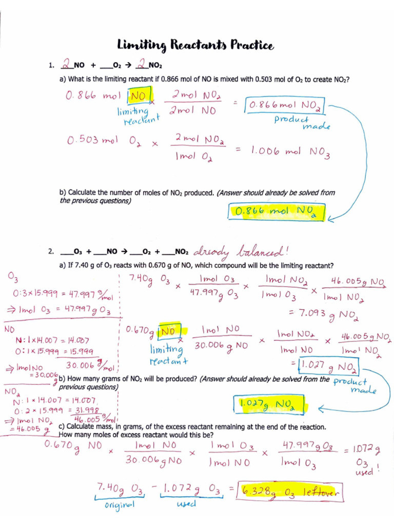 Limiting Reactants Practice Answer Key | PDF