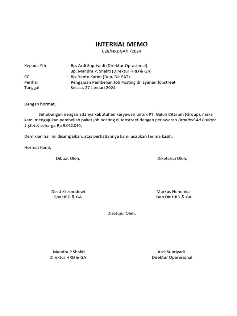 MEMO Pengajaun Pembelian Job Posting Jobstreet | PDF