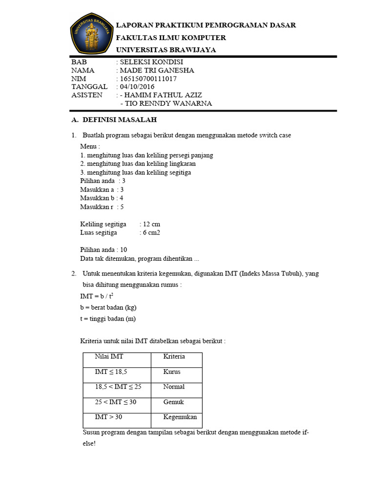 Laporan Pemrograman Dasar Program Studi Teknologi Informasi 3 | PDF