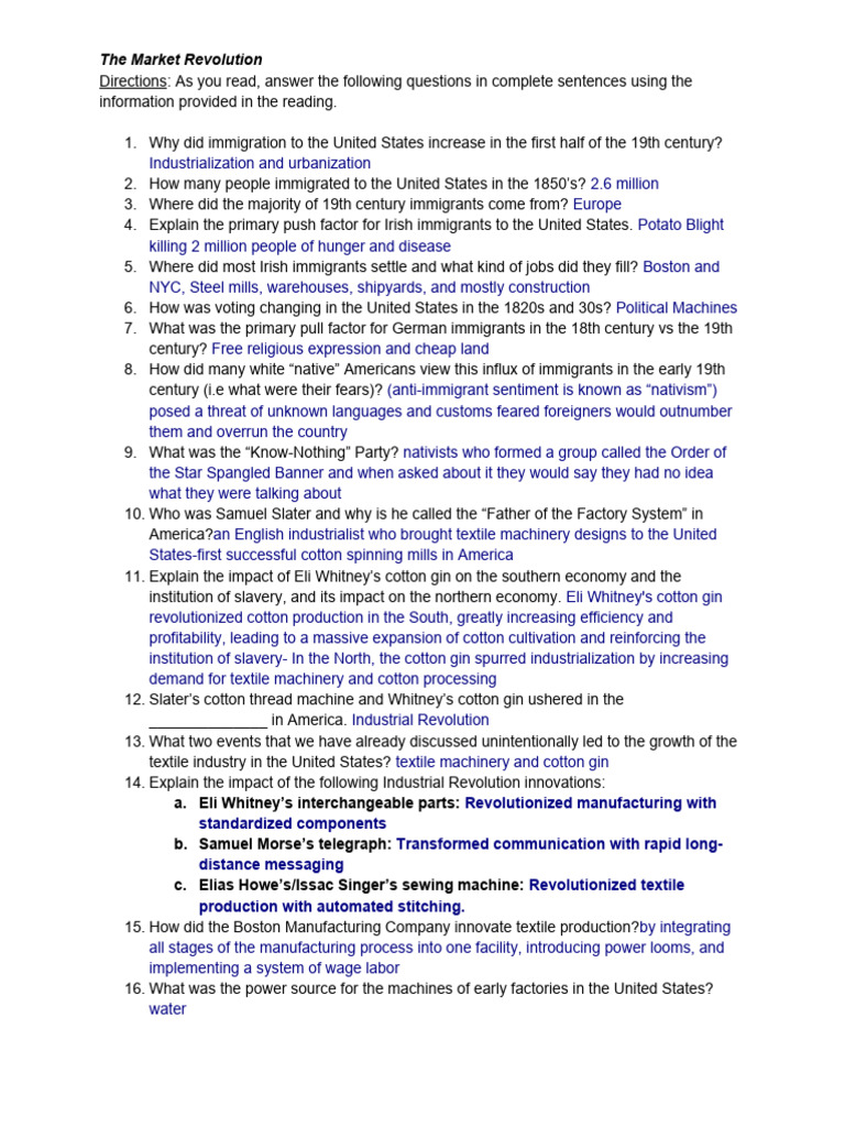 Market Revolution Reading Questions | PDF | Cotton | Economies