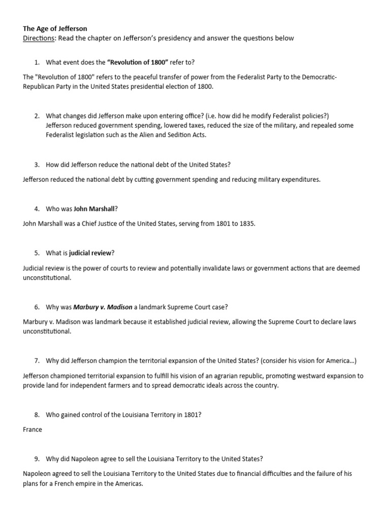 Ageof Jefferson Reading Questions | Download Free PDF | Thomas ...
